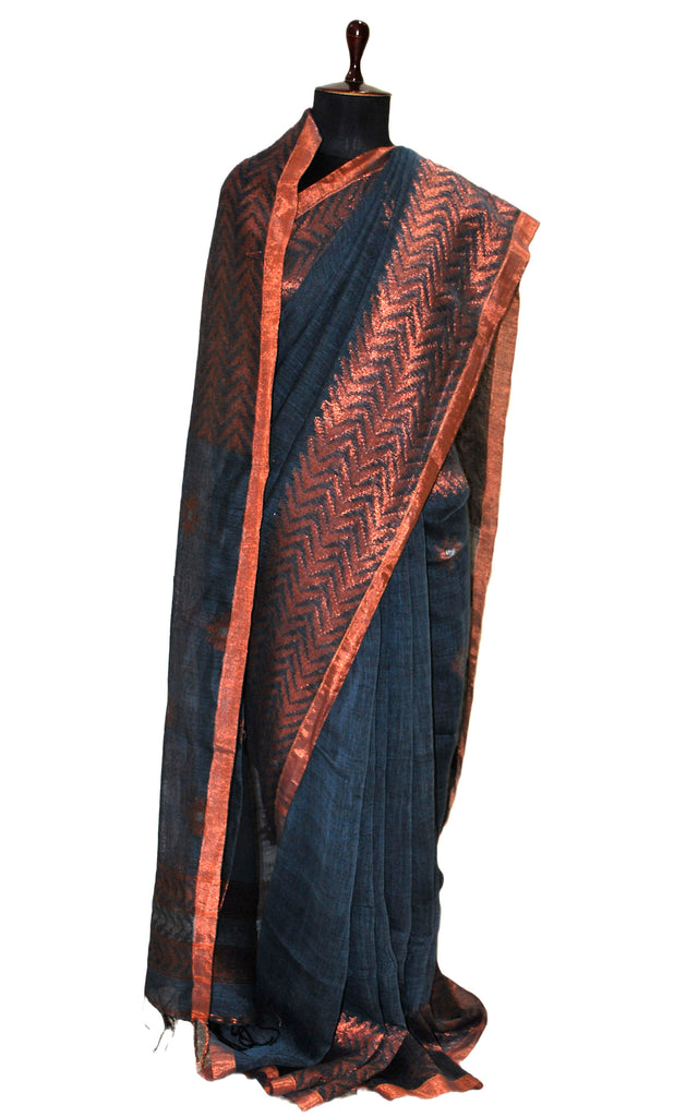 Sona Rupa Handwoven Linen Kanchipuram Saree in Anchor Grey, Copper and ...