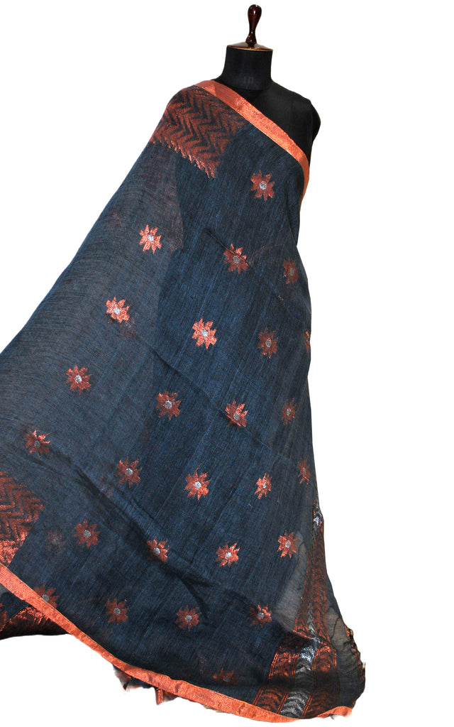 Sona Rupa Handwoven Linen Kanchipuram Saree in Anchor Grey, Copper and ...