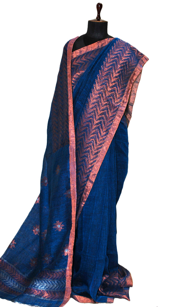 Sona Rupa Handwoven Linen Kanchipuram Saree in Denim Blue, Copper and ...