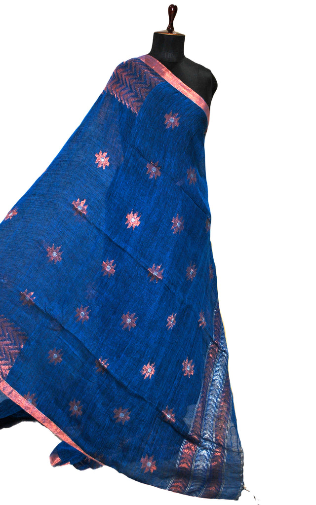 Sona Rupa Handwoven Linen Kanchipuram Saree in Denim Blue, Copper and ...