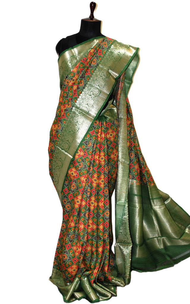 Printed Patola Tussar Banarasi Saree in Forest Green, Red, Yellow, Blu ...