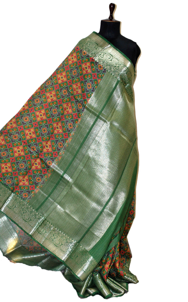 Printed Patola Tussar Banarasi Saree in Forest Green, Red, Yellow, Blu ...