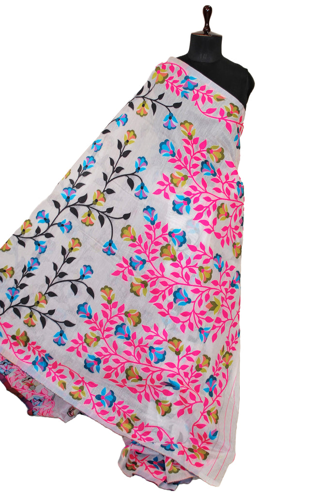Floral Nakshi Jaal Work Traditional Soft Jamdani Saree in White and Mu ...